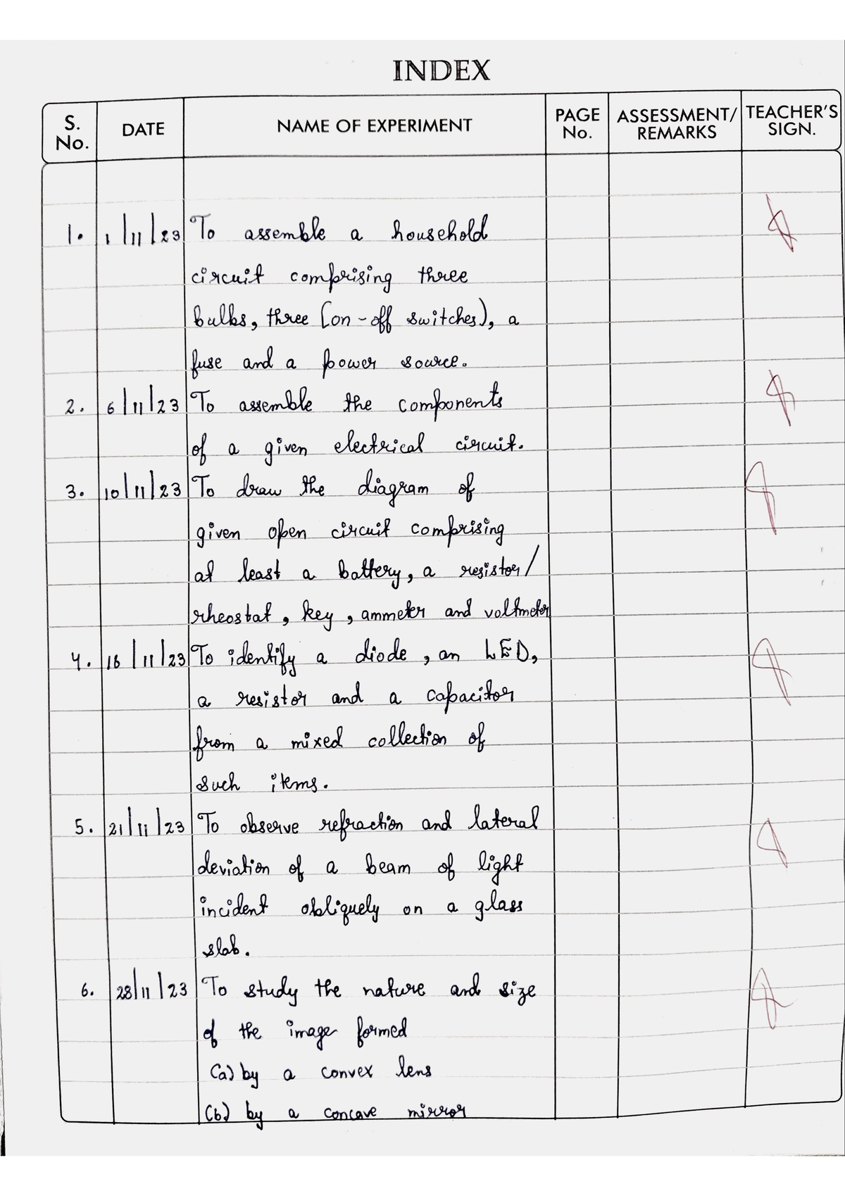 Physics Activity - INDEX S. PAGE DATE NAME OF EXPERIMENT No. No. REMARKS SIGN. 1. To assemble a ...