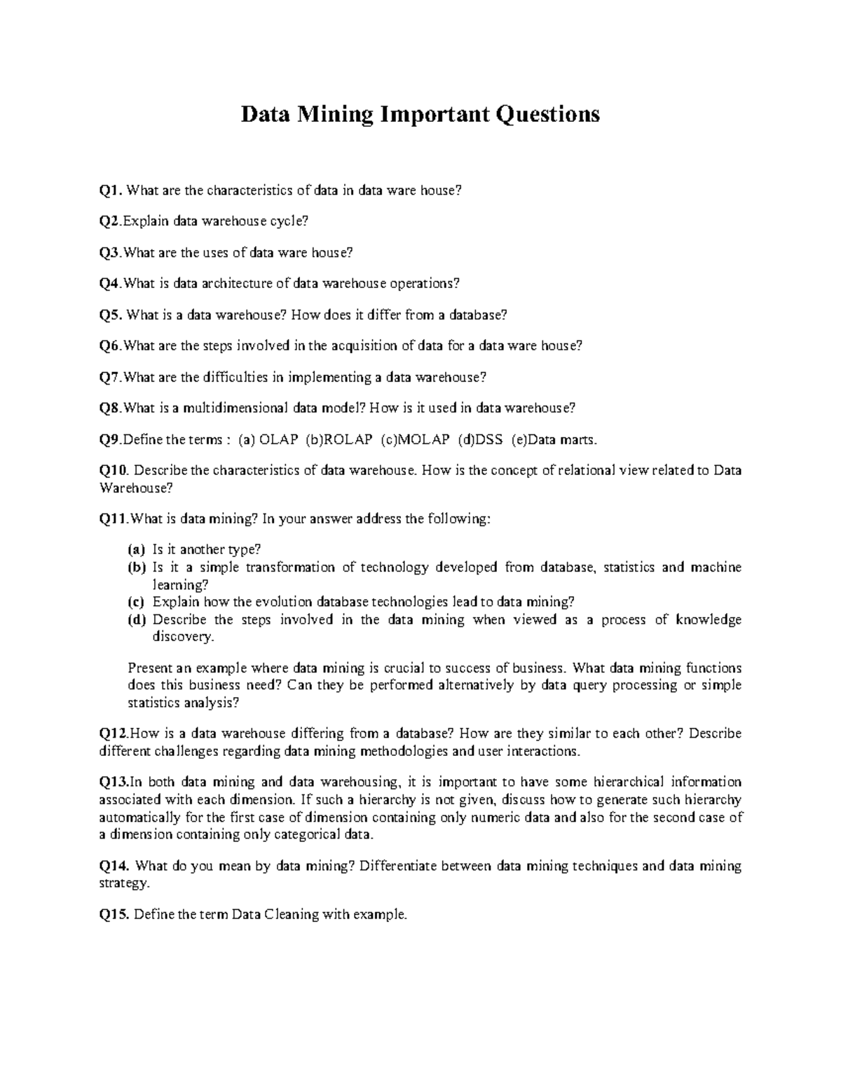 Data mining important questions - - Studocu