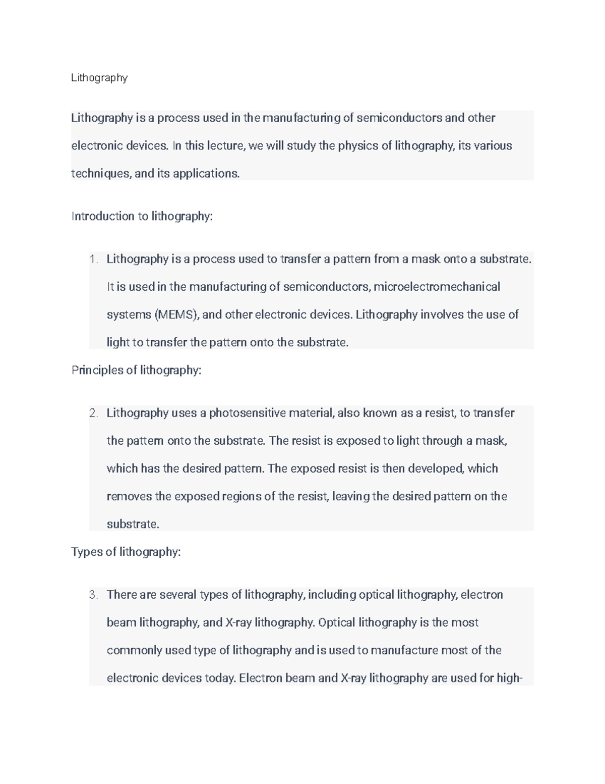 Lithography notes - Lithography Lithography is a process used in the ...