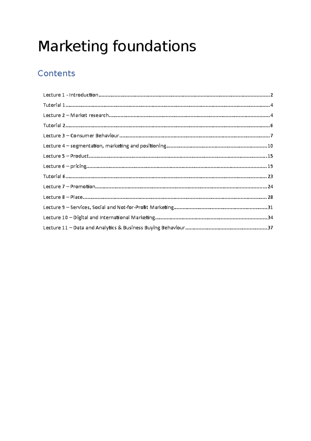 Marketing Foundations Notes - Marketing foundations Lecture 1 - - Studocu