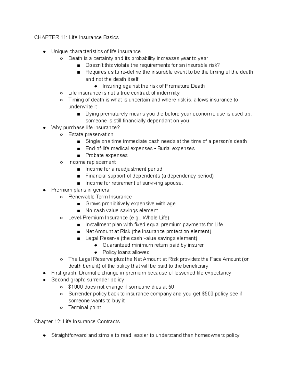 RMI 320-WEEL 12 Notes - life insurance basics - CHAPTER 11: Life ...
