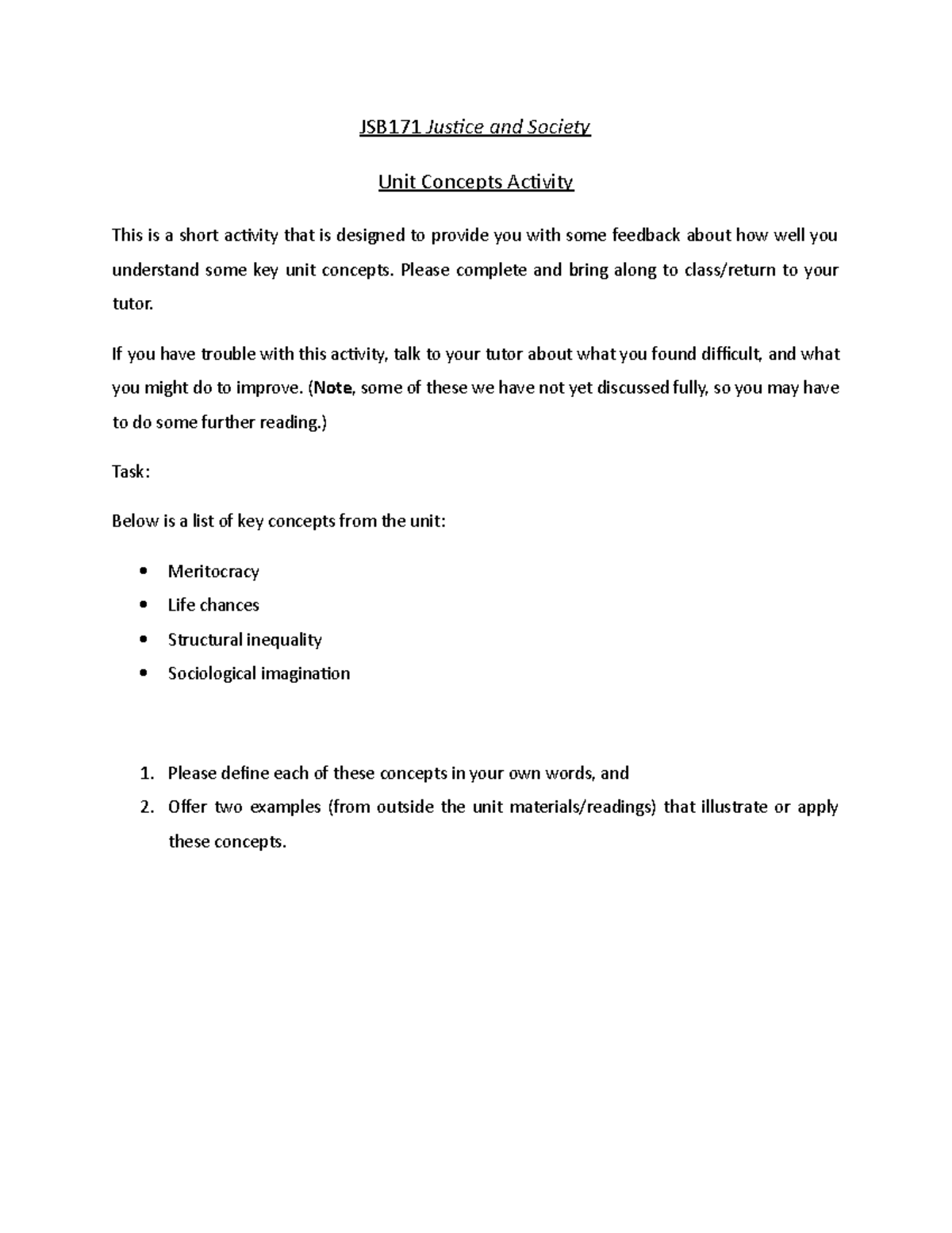 Self assessment of unit concepts - JSB171 Justice and Society Unit ...