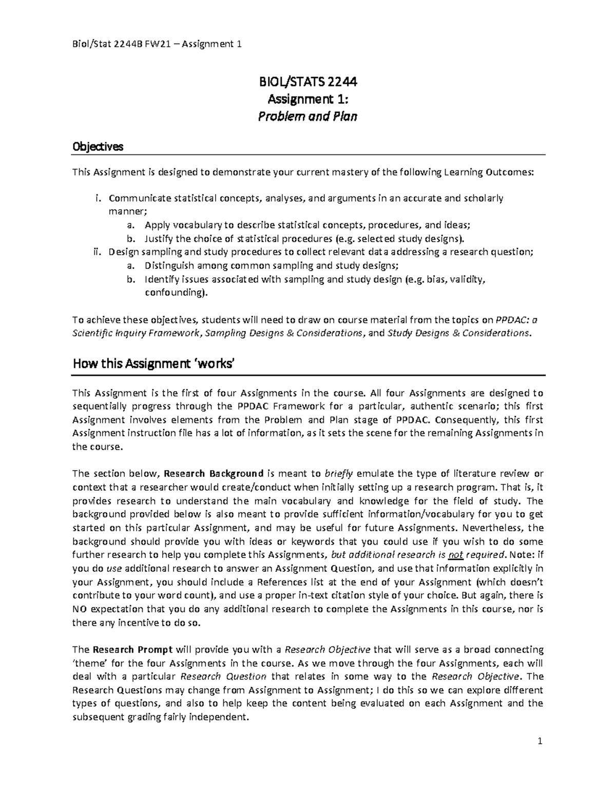 2244 B FW21 Assignment 1 - Problem and Plan - BIOL/STATS 2244 Assignment 1: Problem and Plan ...