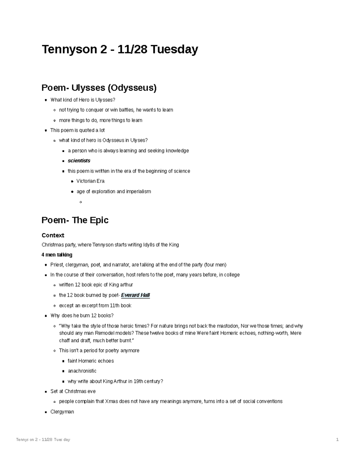 Tennyson 2nd Lecture - Tennyson 2 - 11/28 Tuesday Poem- Ulysses ...