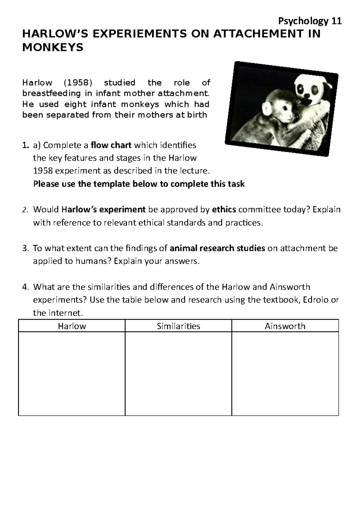 Harlow Homework Task - Psychology 11 HARLOW’S EXPERIEMENTS ON ...