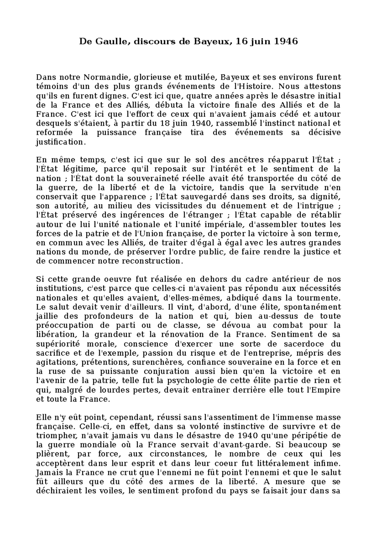 Charles de Gaulle - discours de Bayeux 16 juin 1946 - De Gaulle ...