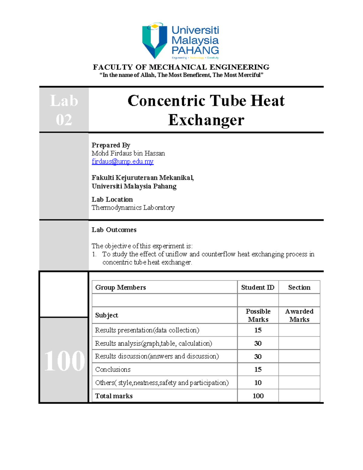 Lab Sheet 05 Heat Exchanger labsheet manual - FACULTY OF MECHANICAL ...