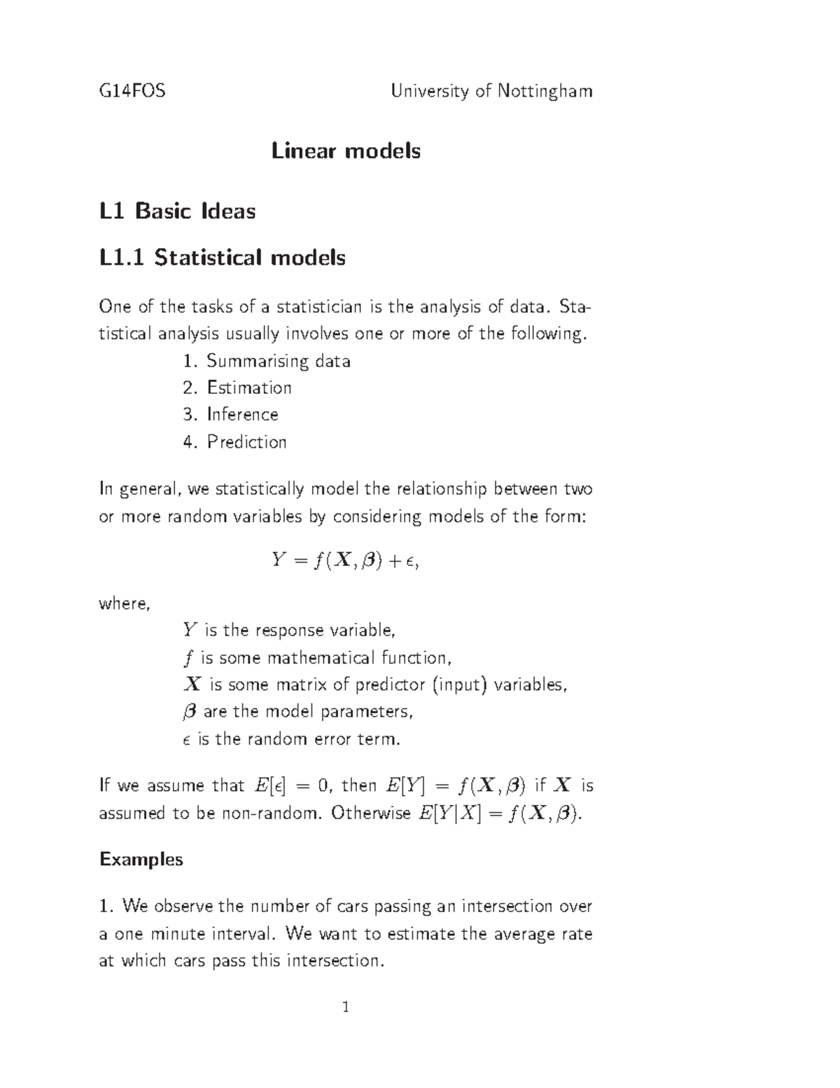 Linear Models Lectures - G14FOS University of Nottingham Linear models ...