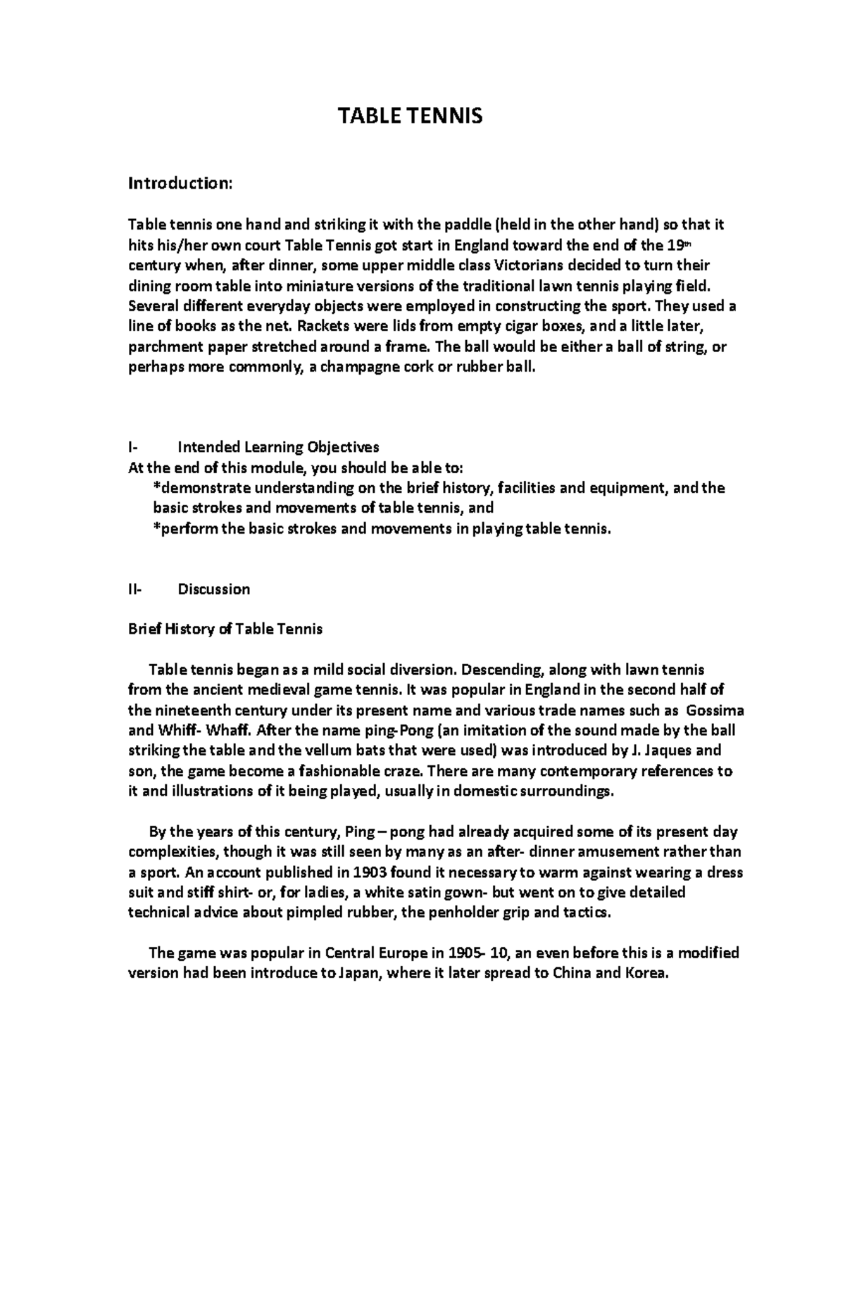 Table Tennis - Lecture Notes with Activity Sheets - TABLE TENNIS ...