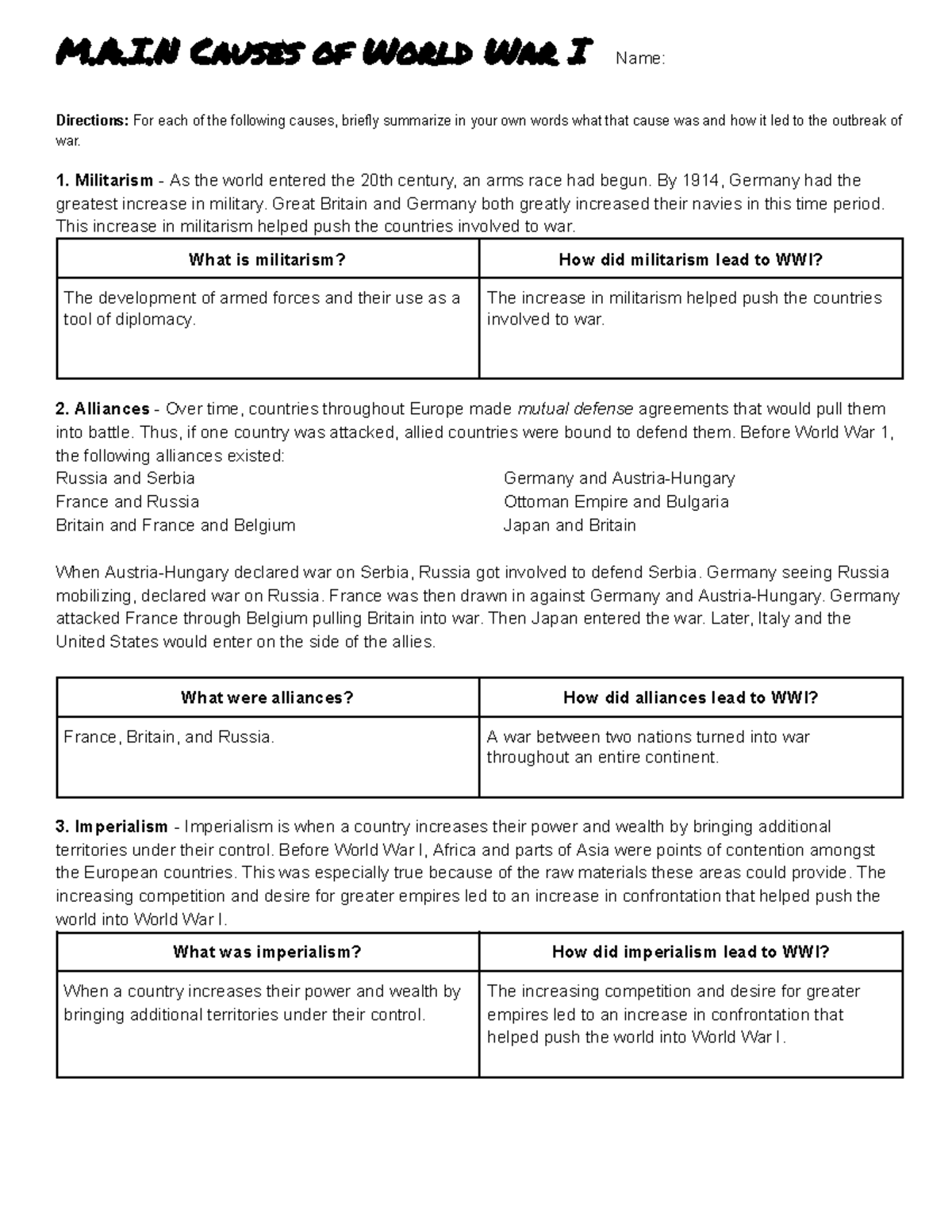 Causes of World War I - M.A.I Causes of World War I Name: Directions ...