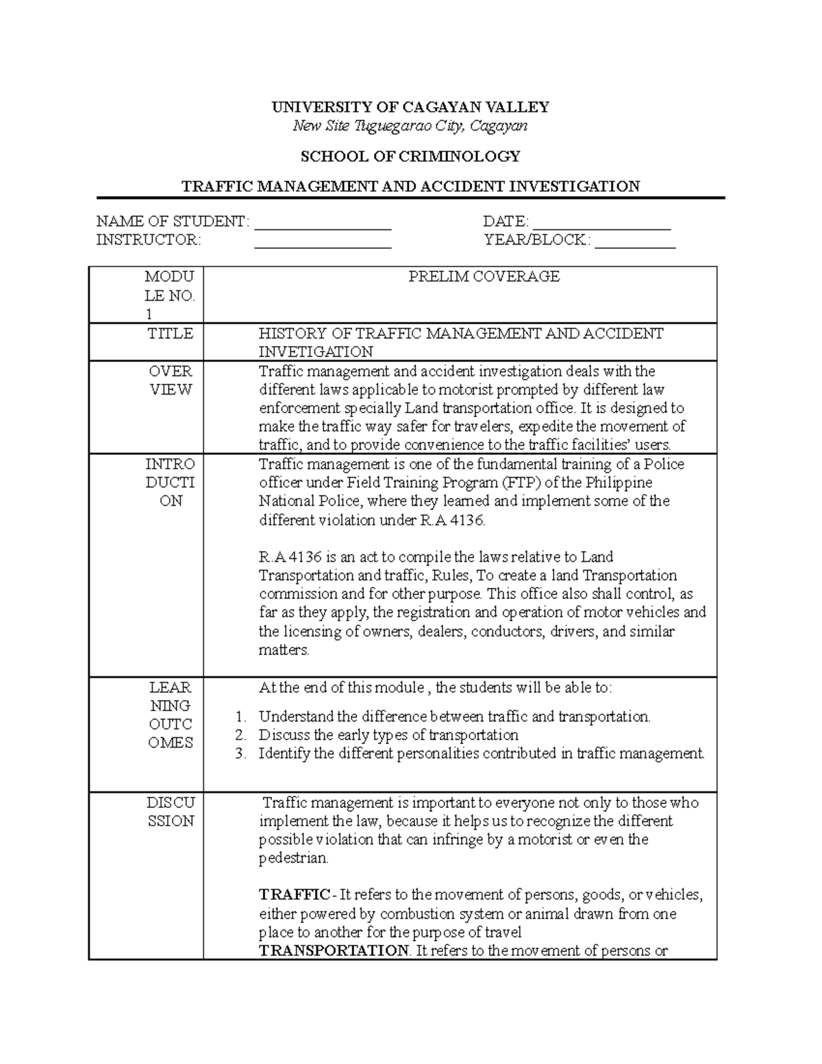 Traffic Management and Accident Investigation - UNIVERSITY OF CAGAYAN ...