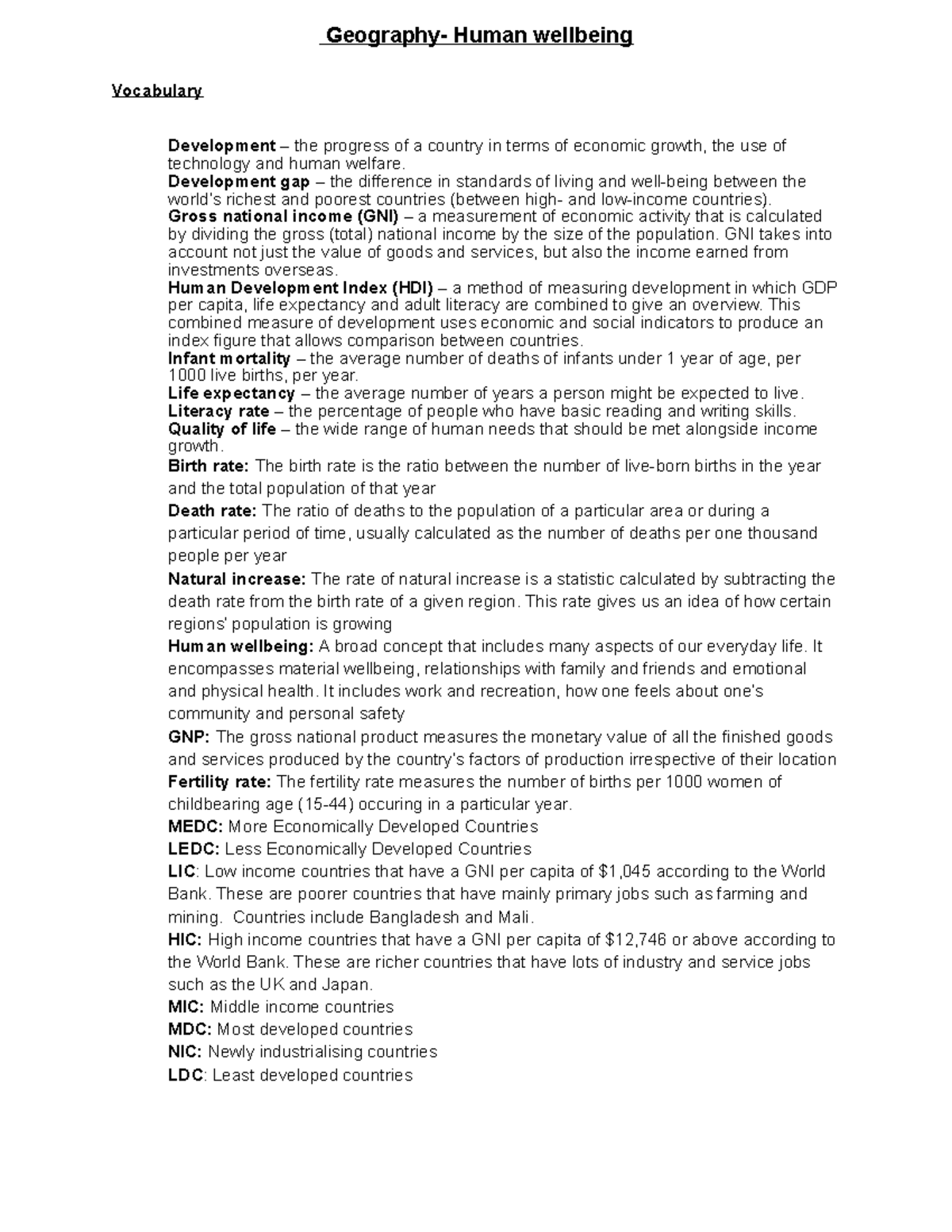 Geography exam notes - Geography- Human wellbeing Vocabulary ...