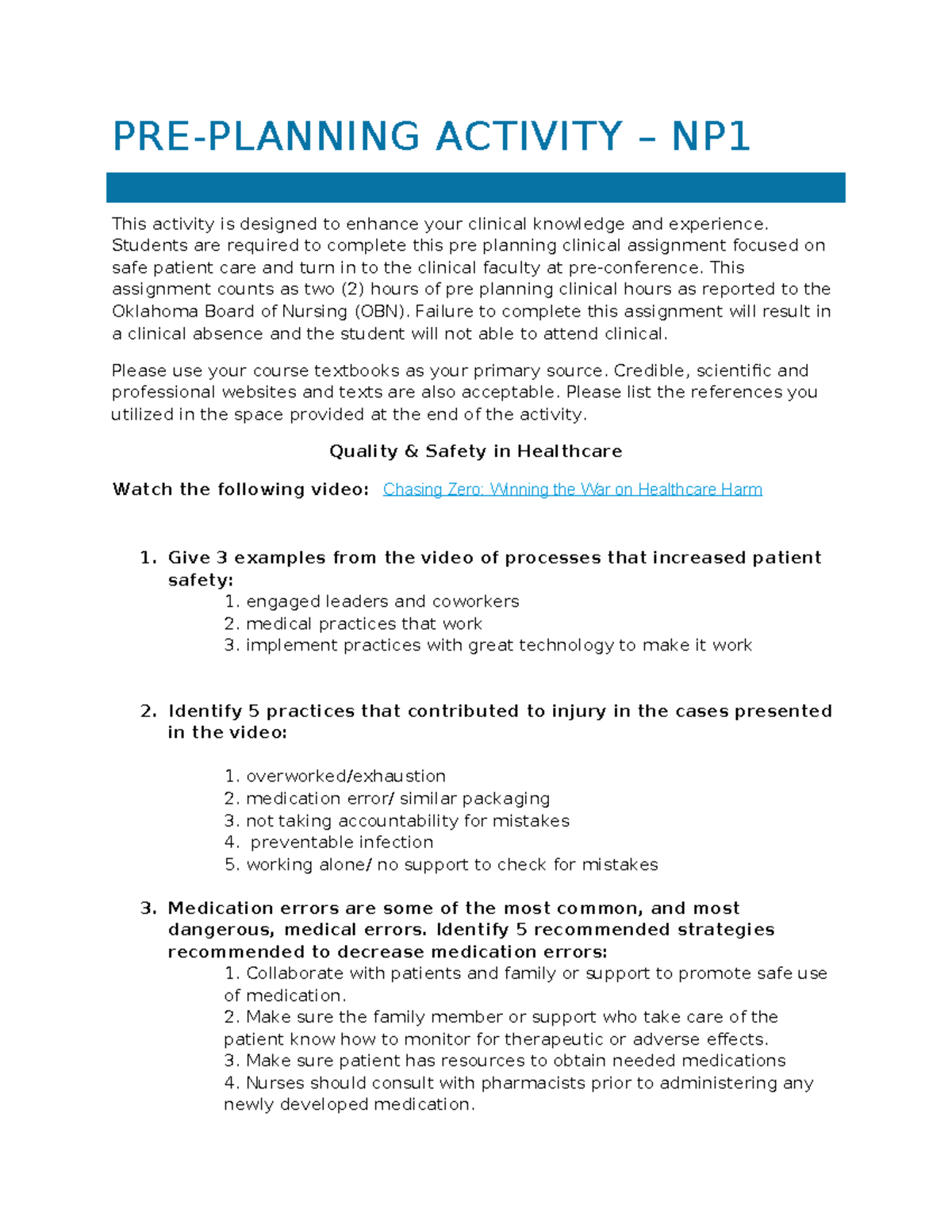 Pre Plan NP1 Safety student #1 - PRE-PLANNING ACTIVITY – NP This ...