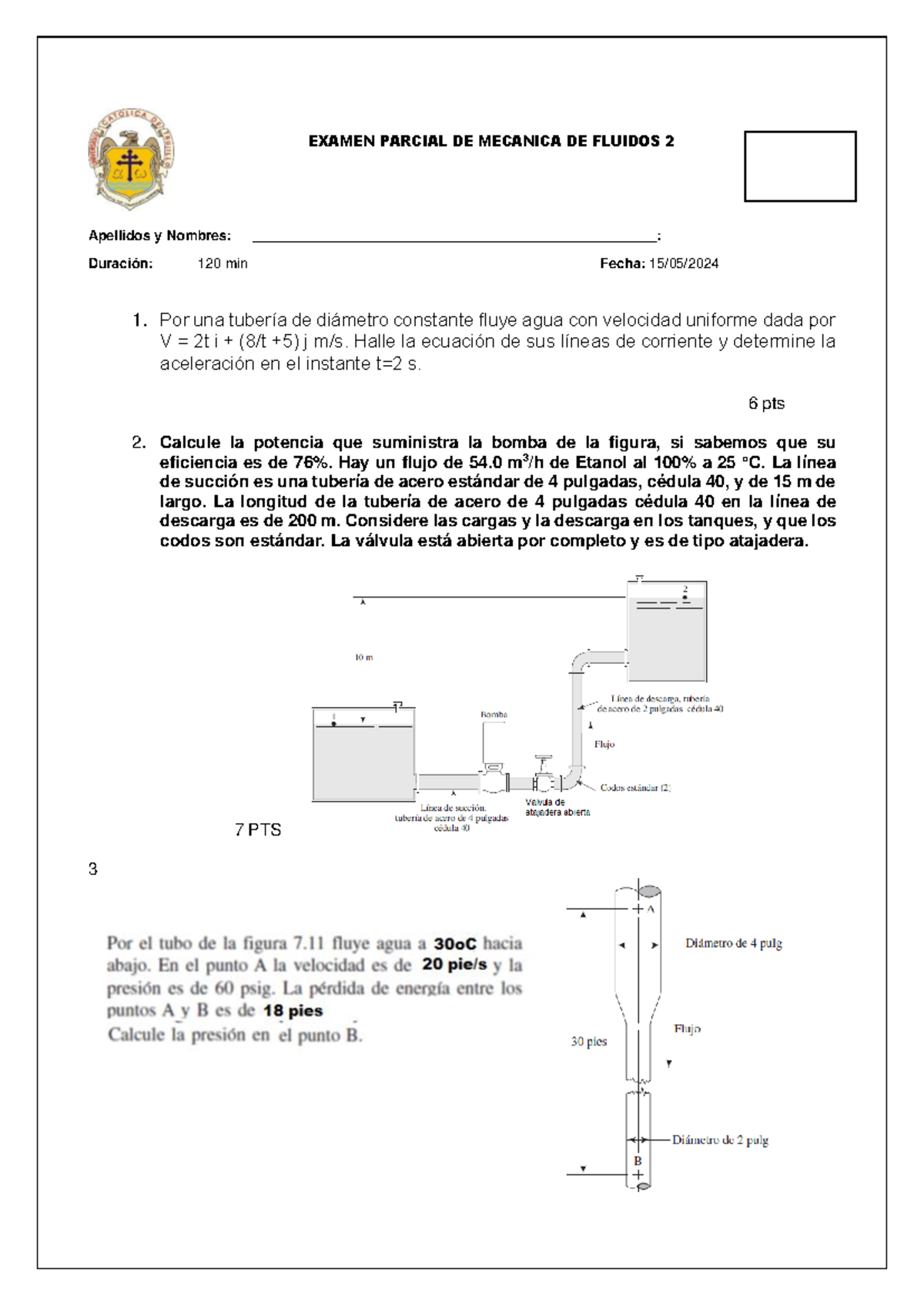 Evaluacion Parcial 2024 1 mecanica de fluidos 2 - EXAMEN PARCIAL DE MECANICA DE FLUIDOS 2 ...