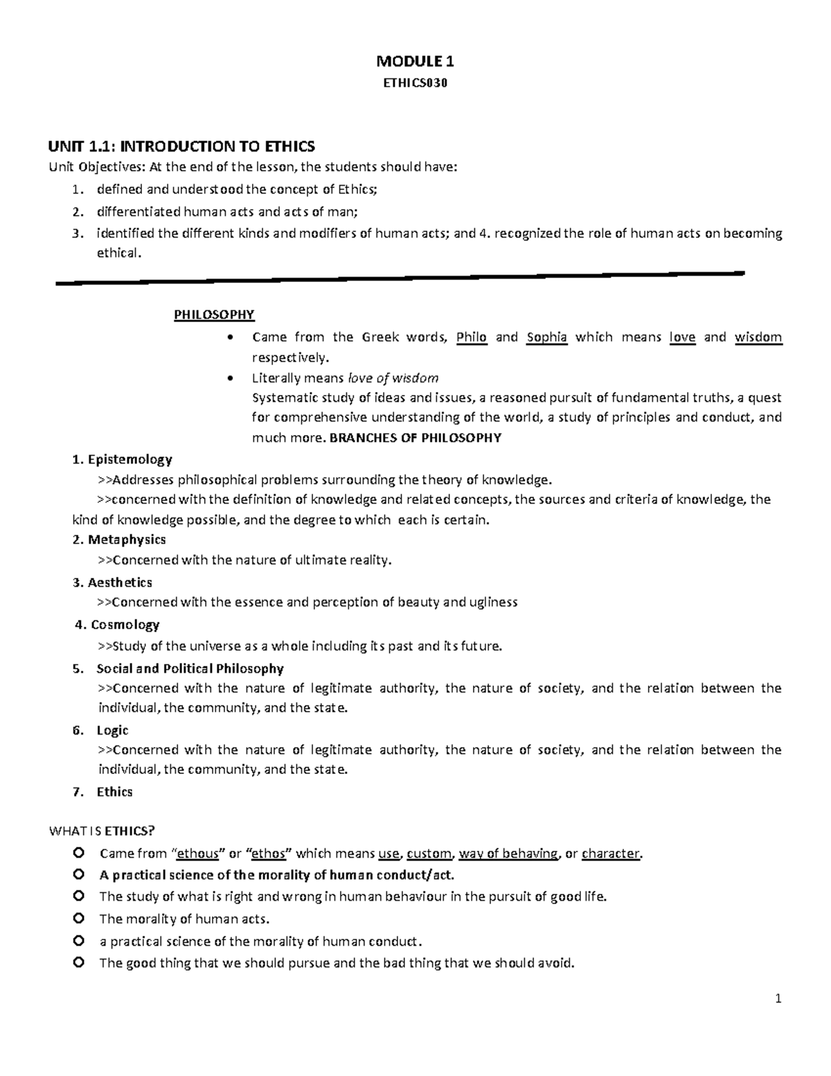 Ethics 030 Lesson 1 - 1 MODULE 1 ETHICS UNIT 1: INTRODUCTION TO ETHICS ...