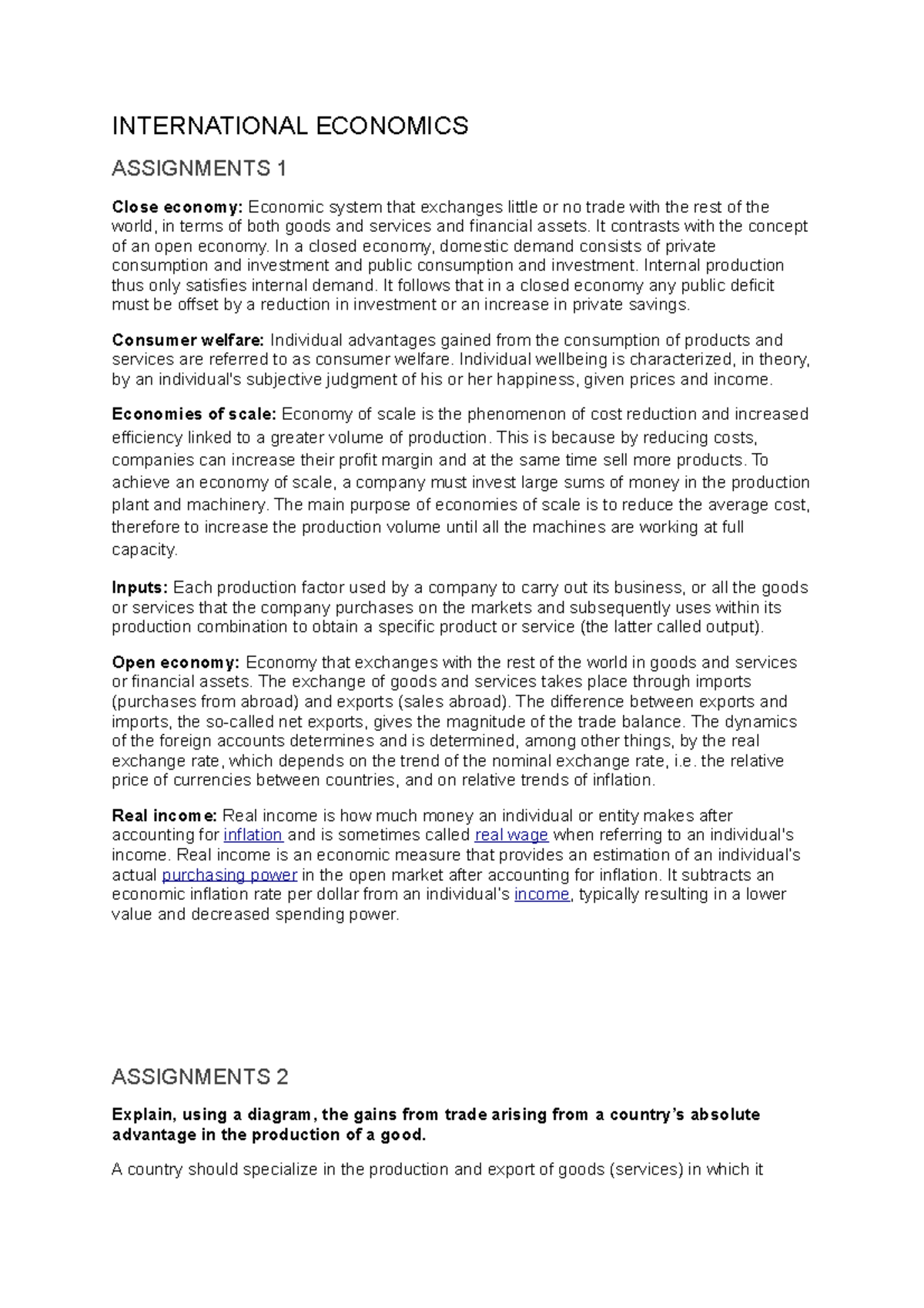 INT Economics - notes - INTERNATIONAL ECONOMICS ASSIGNMENTS 1 Close ...