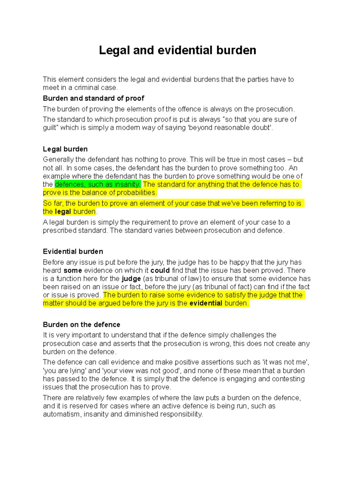 Notes - Legal and evidential burden This element considers the legal ...