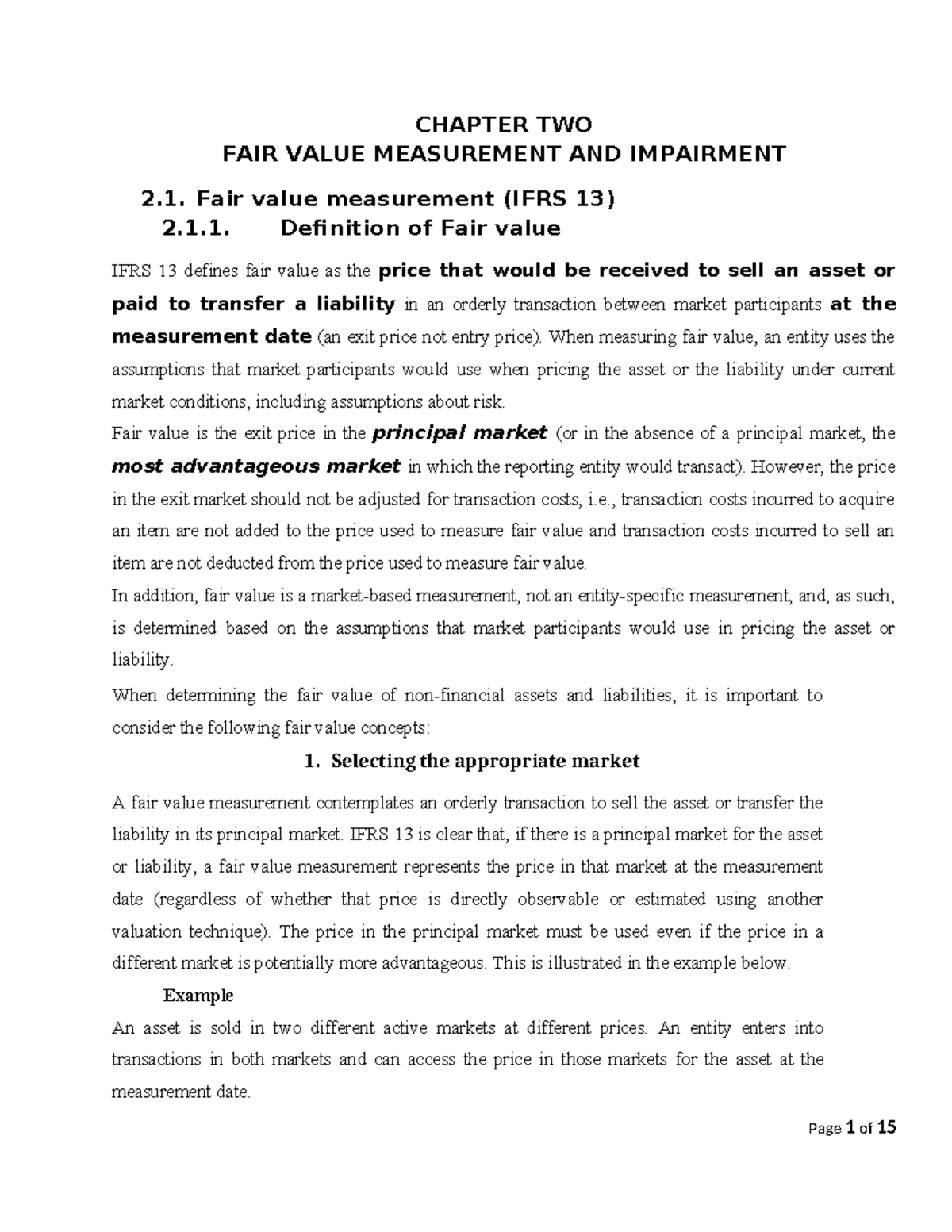 Intermidiate FA I Chapter - CHAPTER TWO FAIR VALUE MEASUREMENT AND IMPAIRMENT 2. Fair value ...