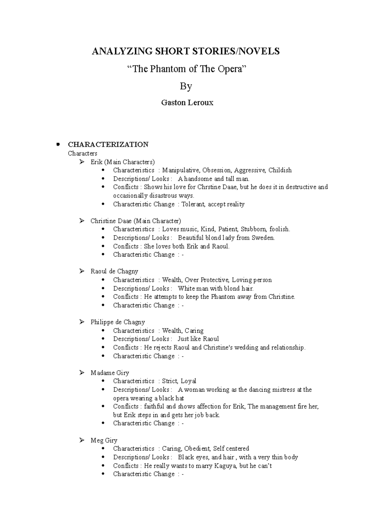 ANALYZING SHORT STORIES/NOVELS “The Phantom of The Opera” By Gaston ...