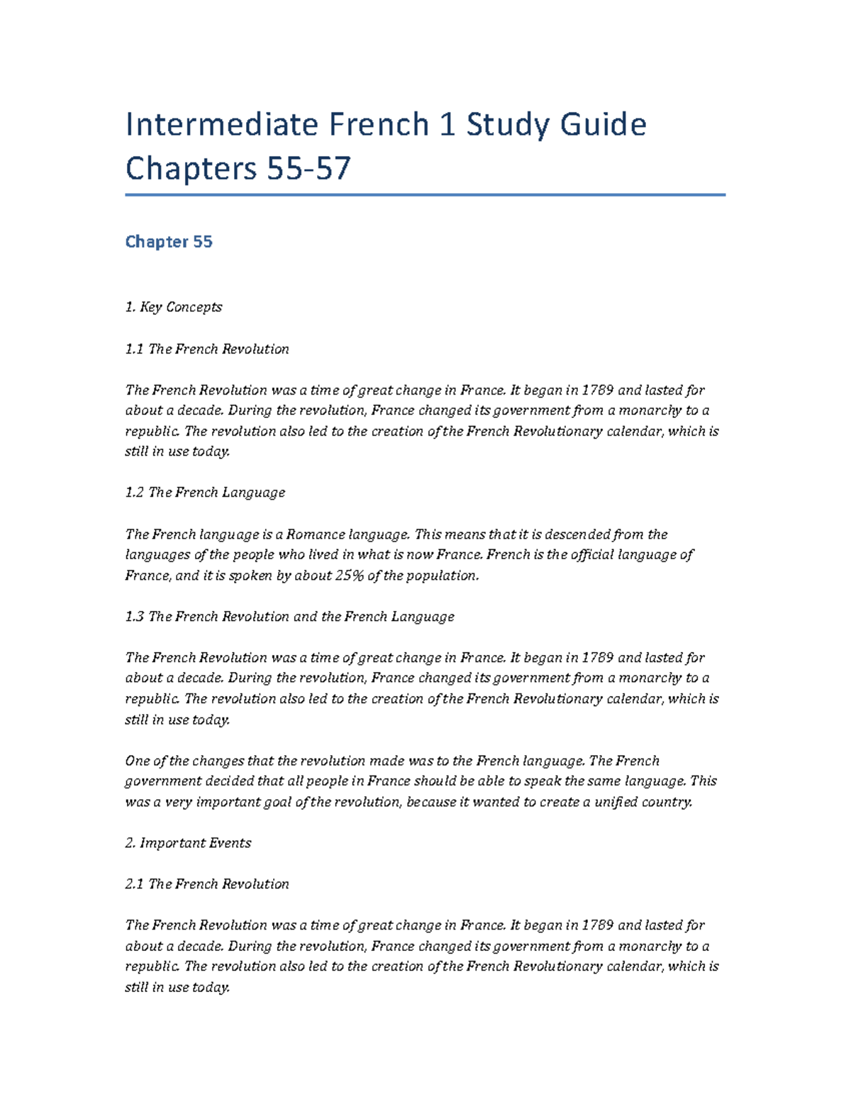 Intermediate French 1 Study Guide Chapters 55-57 - Intermediate French ...