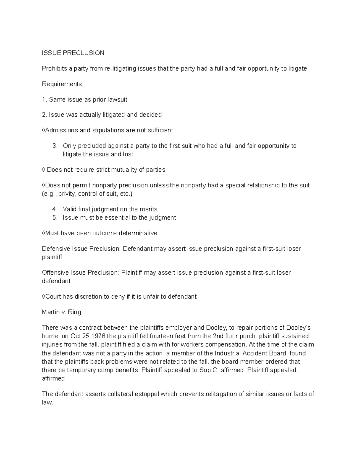 Issue preculsion - ISSUE PRECLUSION Prohibits a party from re ...