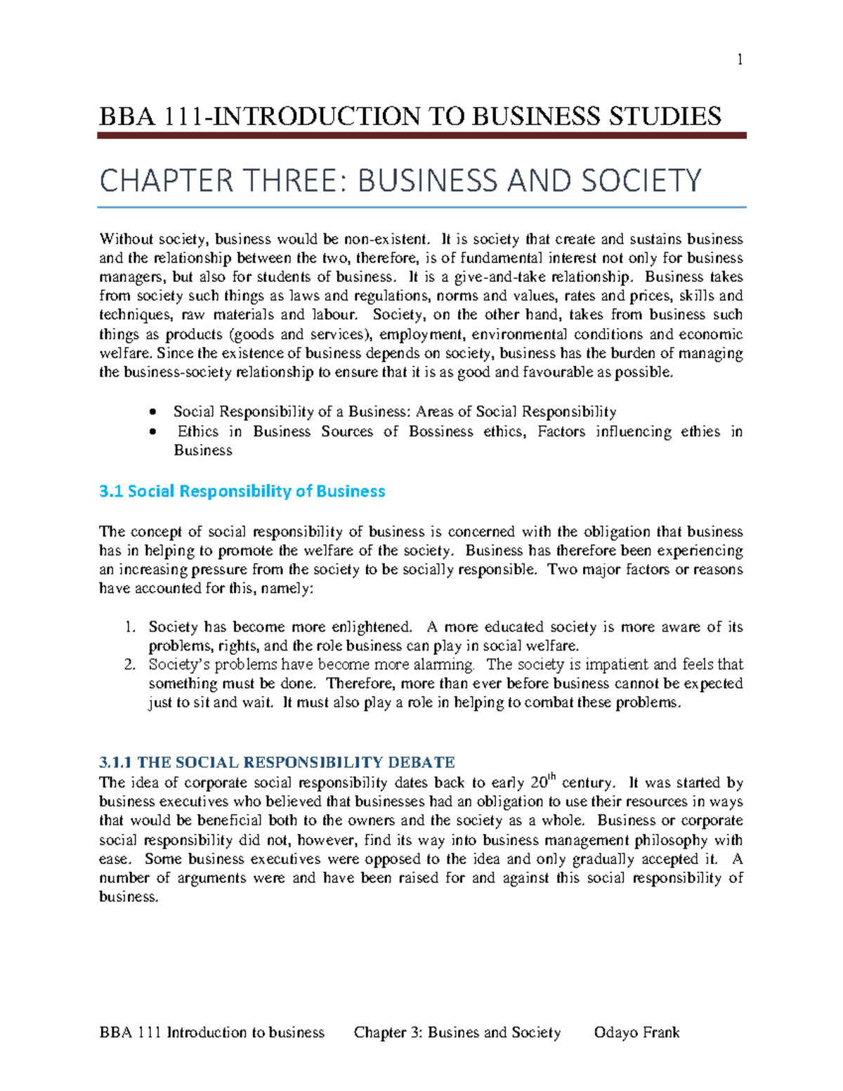 BBA 111 Chapter 3. Business and Society - BBA 111-INTRODUCTION TO ...