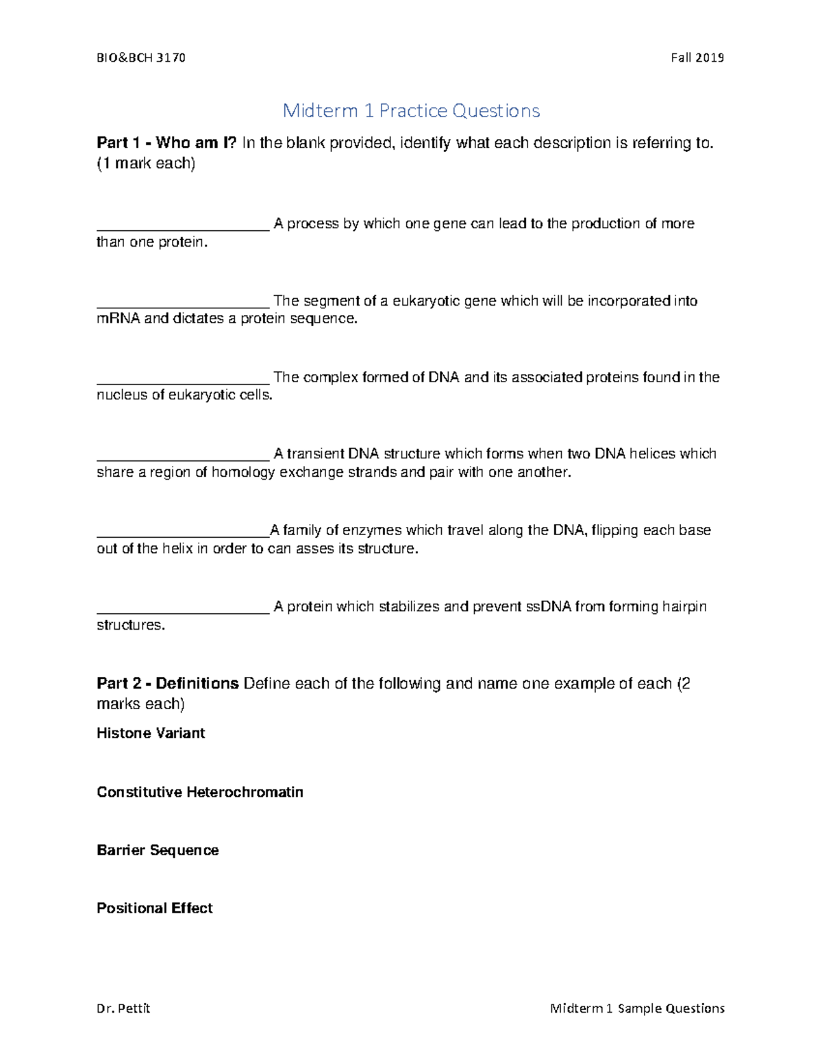 Module 2 BIO3170 Sample questions - Midterm 1 - Midterm 1 Practice ...