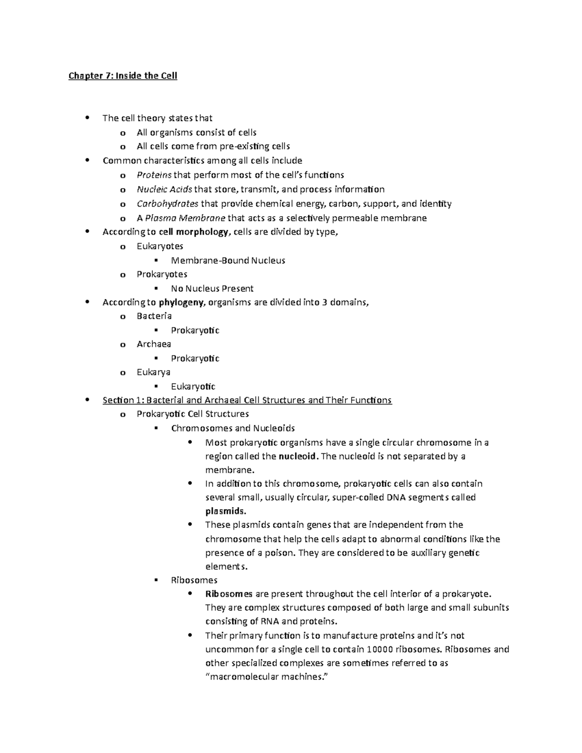 BIOL1000 - Chapter 7 - Inside the Cell - Chapter 7: Inside the Cell The ...