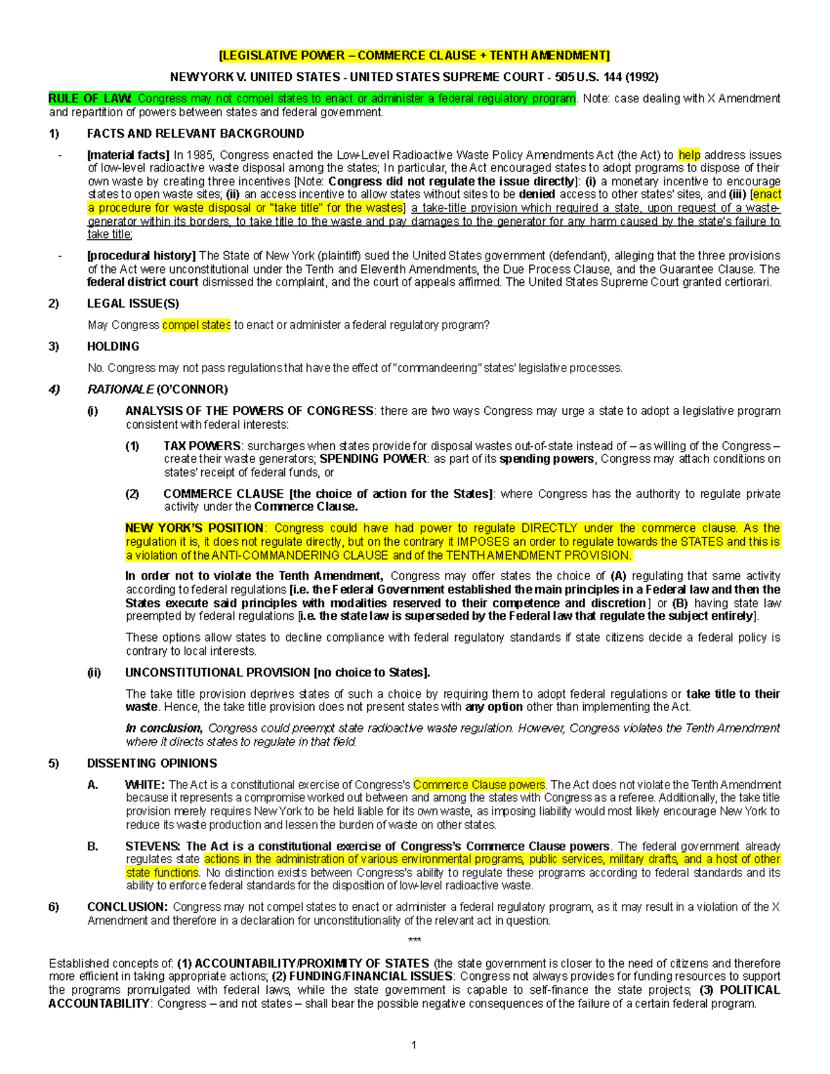 TENTH AMENDMENT / SEPARATION OF POWERS: Case brief & class notes NEW ...