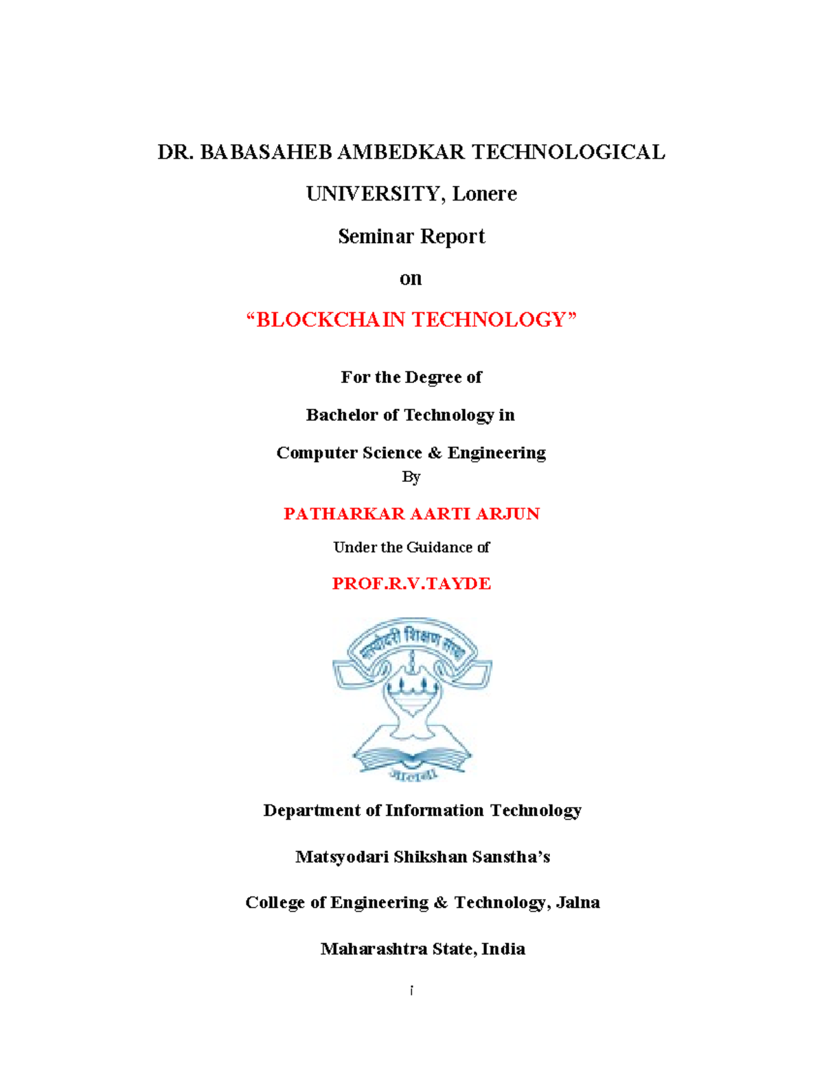 Report On Blockchain Technology - i DR. BABASAHEB AMBEDKAR ...