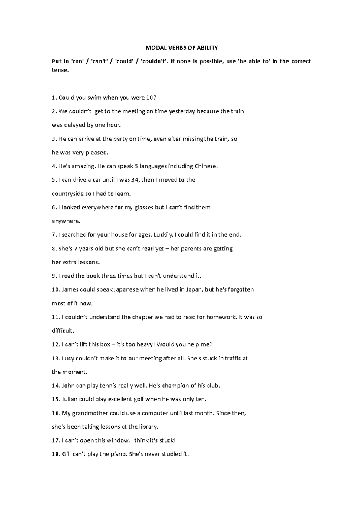 1. Exercises Modal Verbs Ability - MODAL VERBS OF ABILITY Put in 'can ...