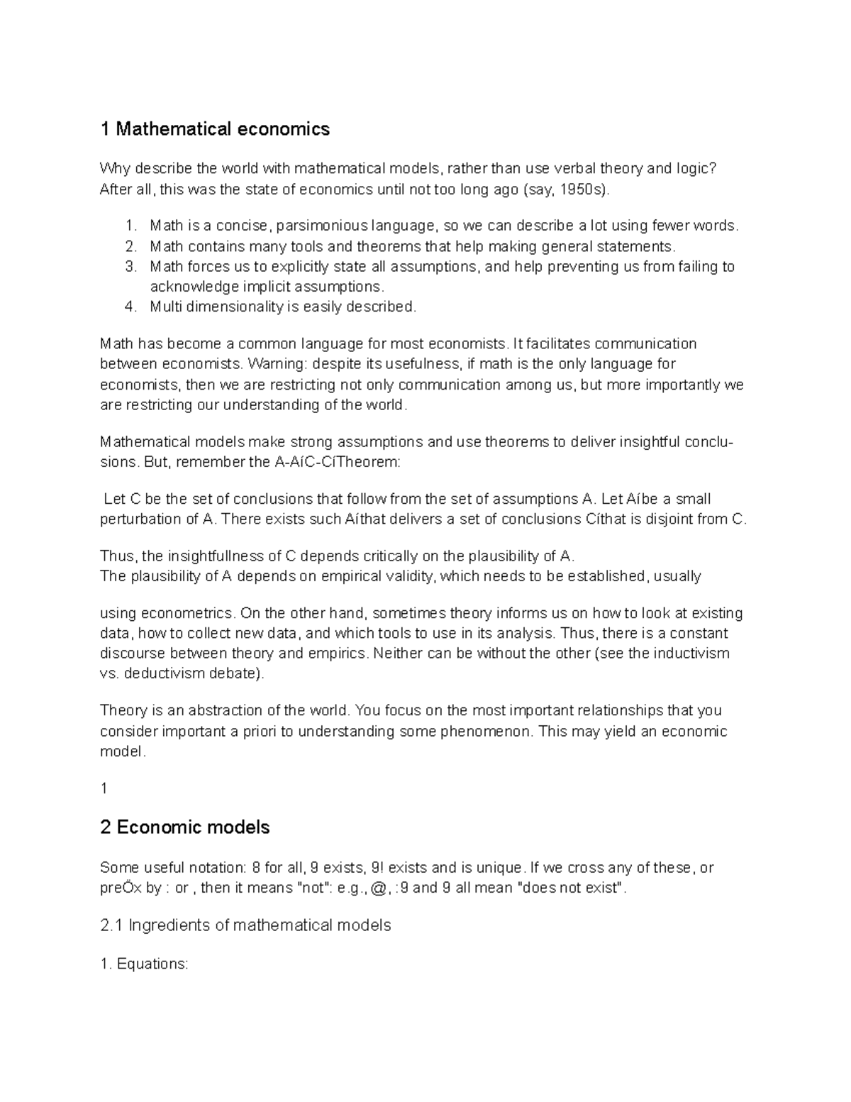 1 Mathematical economics - 1 Mathematical economics Why describe the ...