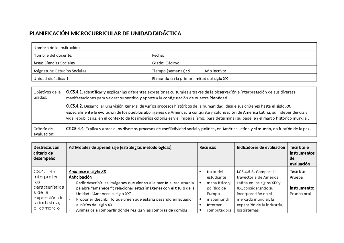 Plan ES10 U1 - Planificacion microcurricular - PLANIFICACIÓN MICROCURRICULAR DE UNIDAD DIDÁCTICA ...