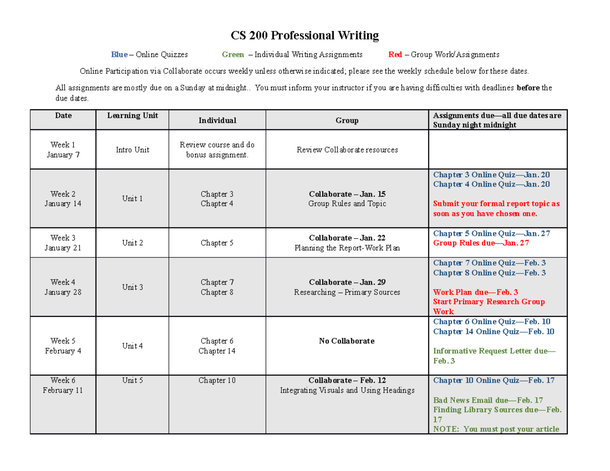 CS 200 Tues Professional Writing - Weekly Schedule (1) - CS 200 ...