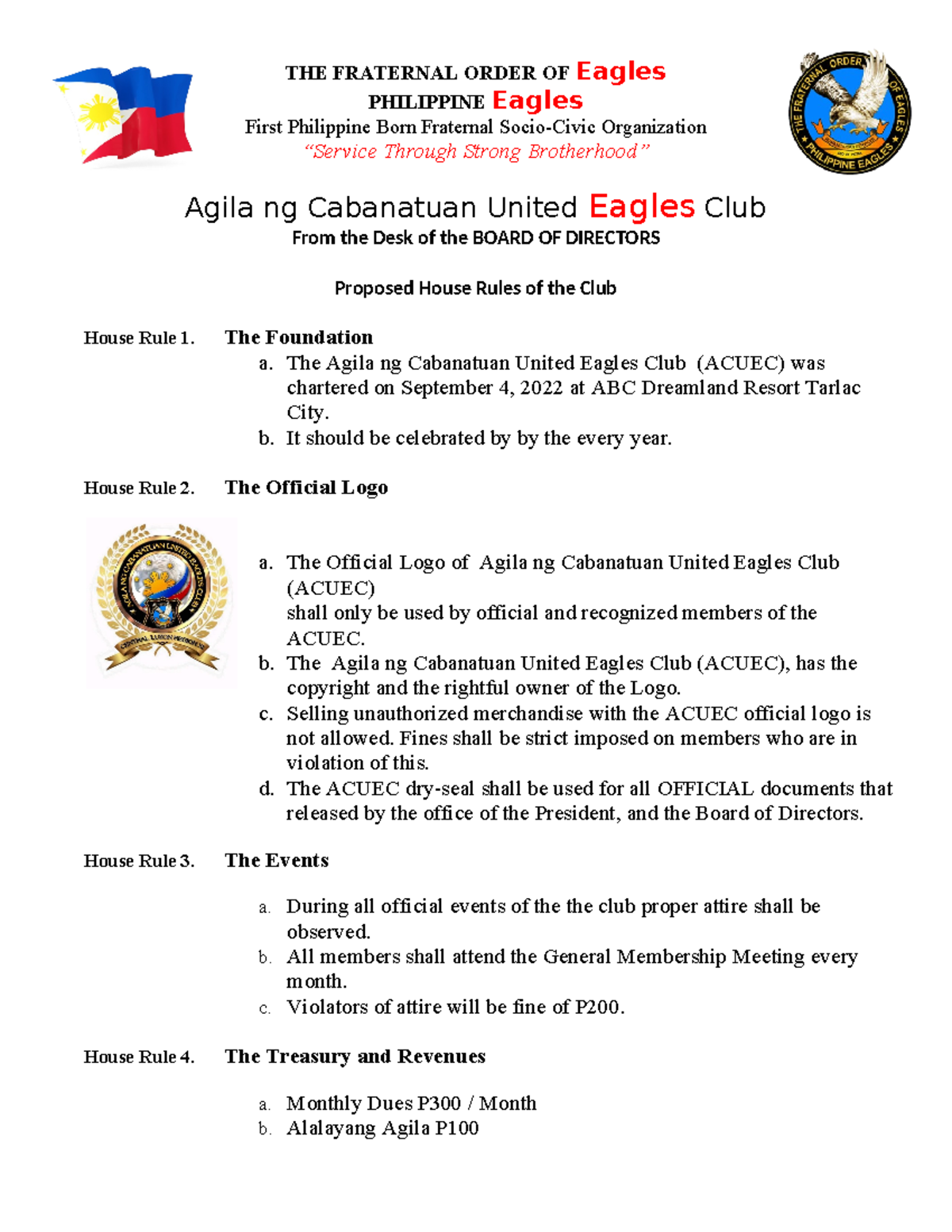 Eagles House Rules - THE FRATERNAL ORDER OF Eagles PHILIPPINE Eagles ...