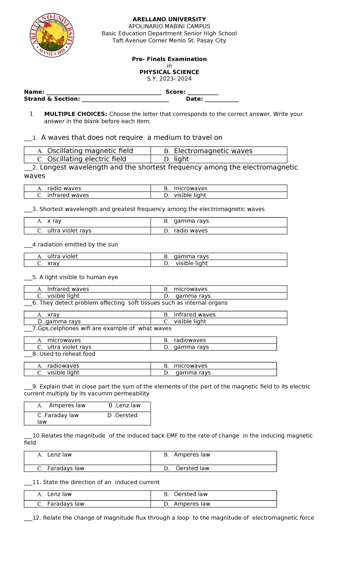 PRE Finals Examination General Physics 2 - ARELLANO UNIVERSITY ...