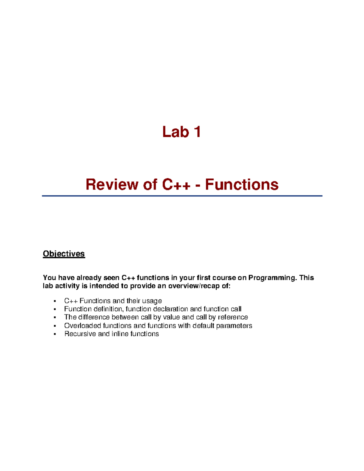 Lab1 Manual - Functions C++ - Lab 1 Review of C++ - Functions ...
