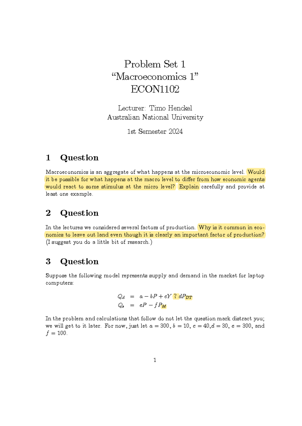 Problem Set 1 - Tuturialpdf - Problem Set 1 “Macroeconomics 1” ECON Lecturer: Timo Henckel - Studocu