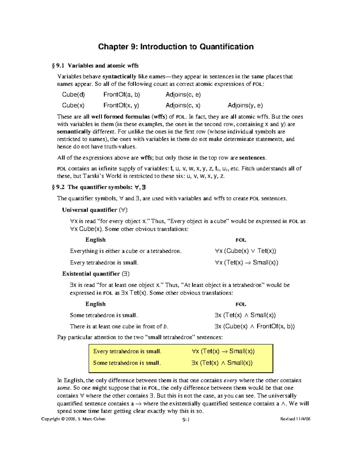 Chapter 9 - zzzzzzzzzzz - Chapter 9: Introduction to Quantification § 9 Variables and atomic ...