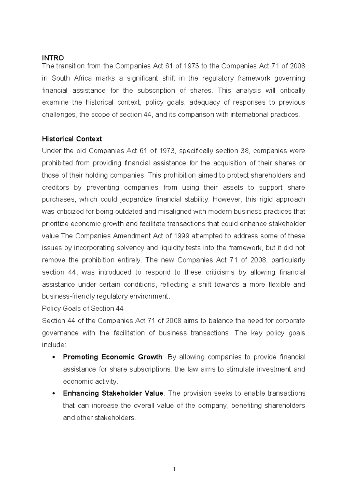 Prepared Notes BY - INTRO The transition from the Companies Act 61 of ...