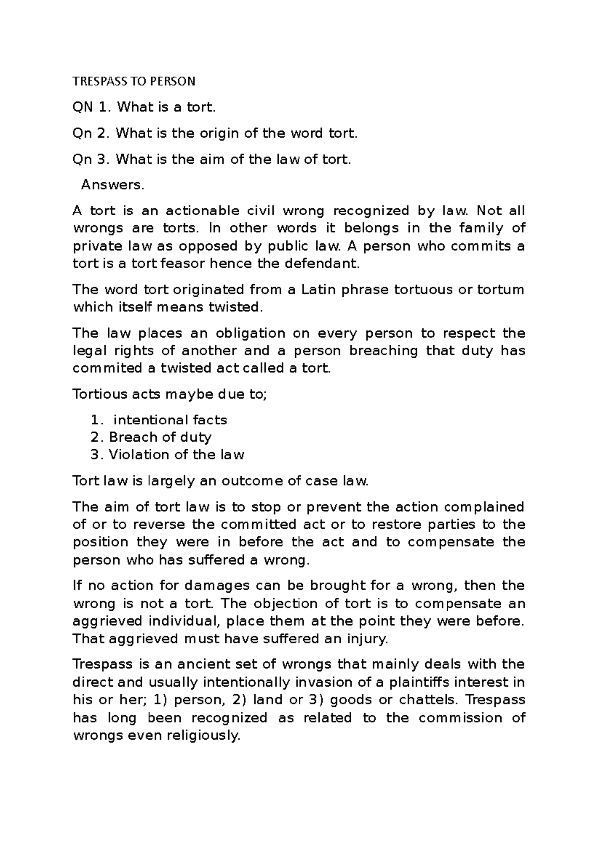 Trespass TO Person BY PROF Oloka Onyango - TRESPASS TO PERSON QN 1 ...