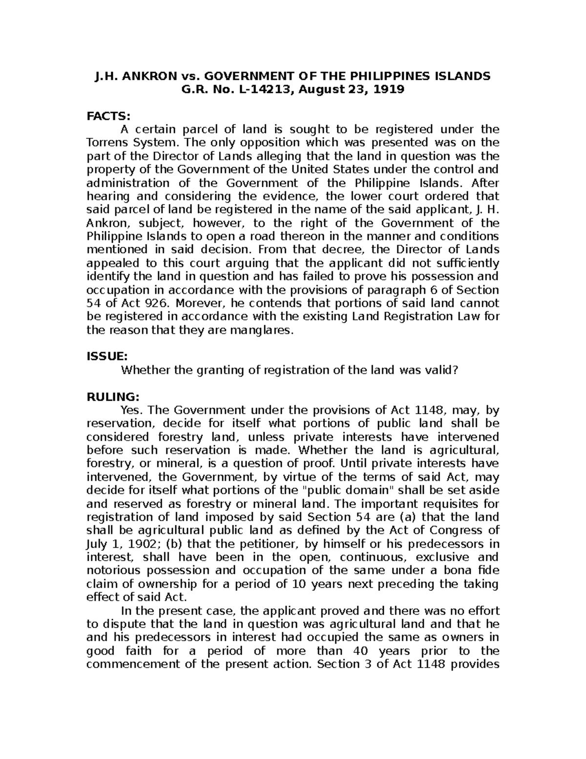Ankron vs Government of Phil Islands - J. ANKRON vs. GOVERNMENT OF THE ...