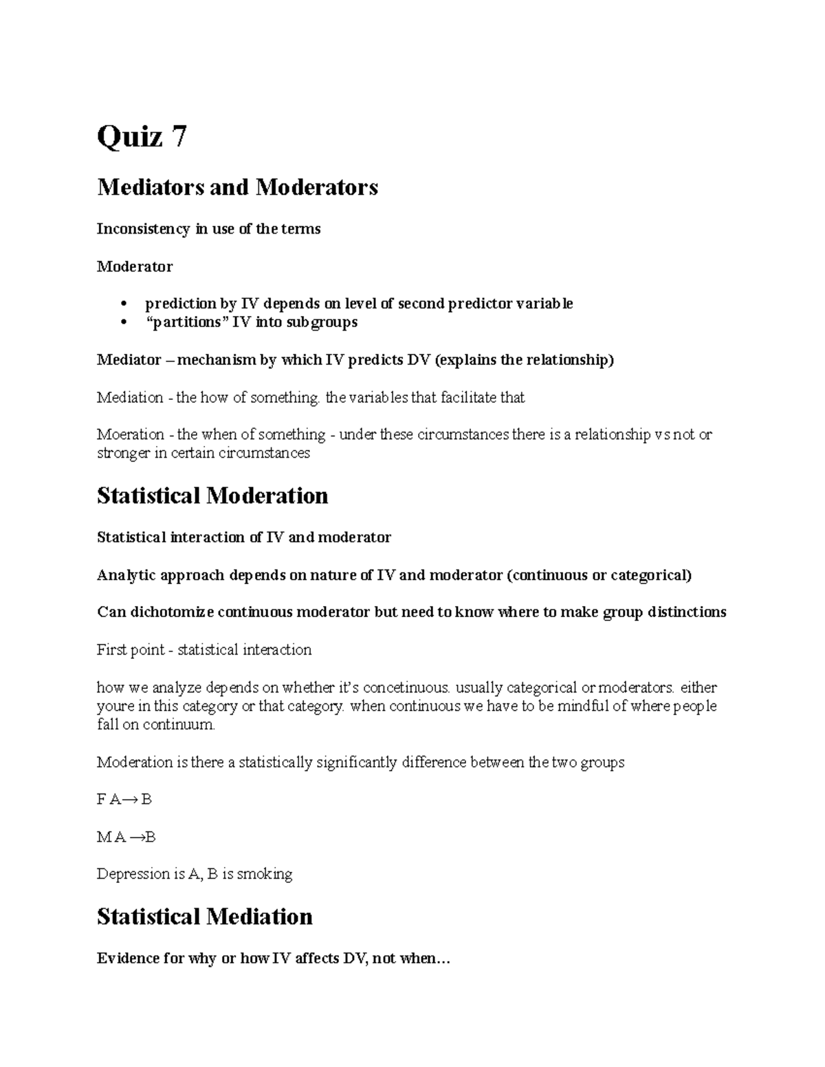 Quiz Review Summaries - Quiz 7 Mediators and Moderators Inconsistency ...