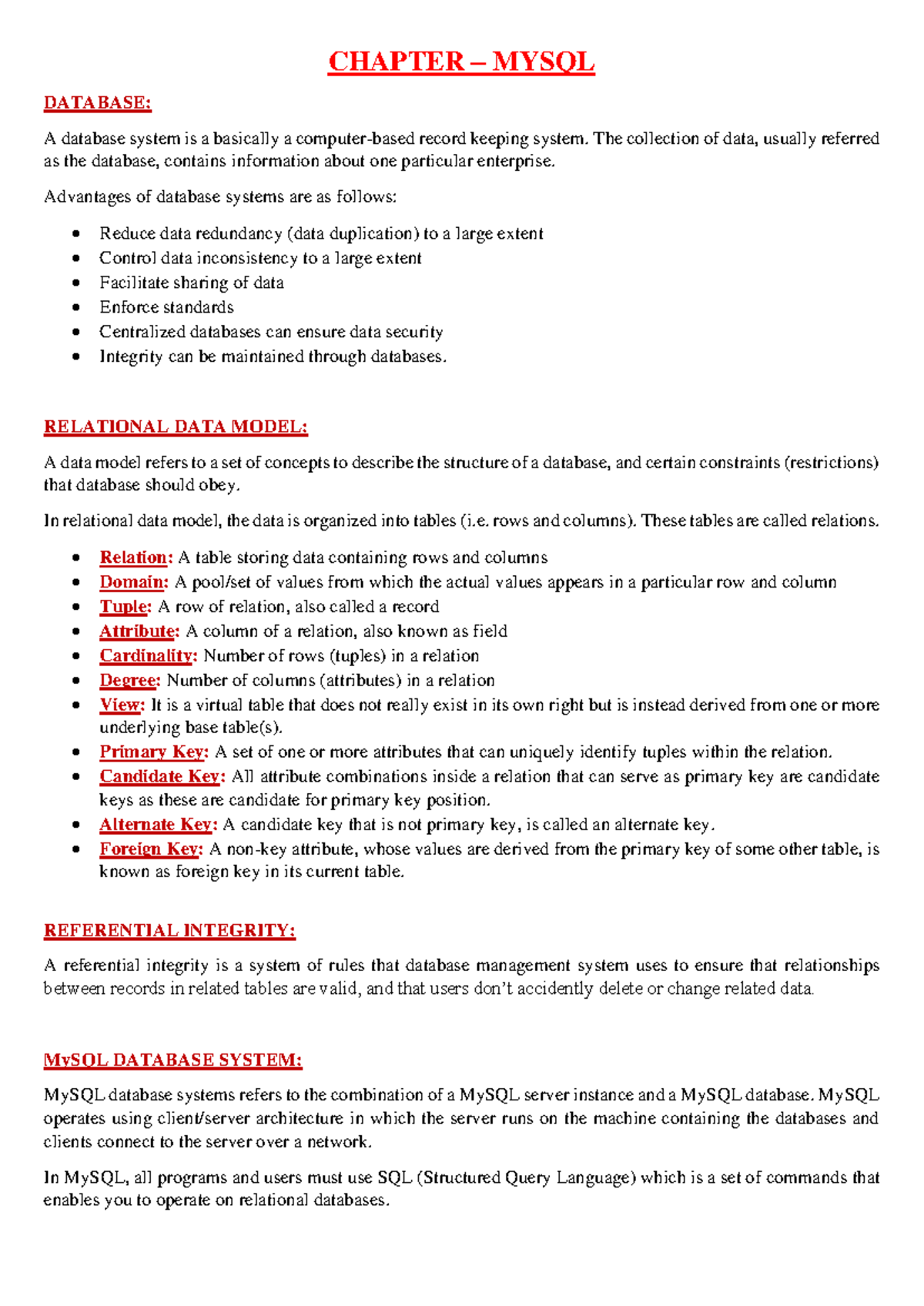 Quick Revision of My SQL - CHAPTER – MYSQL DATABASE: A database system ...