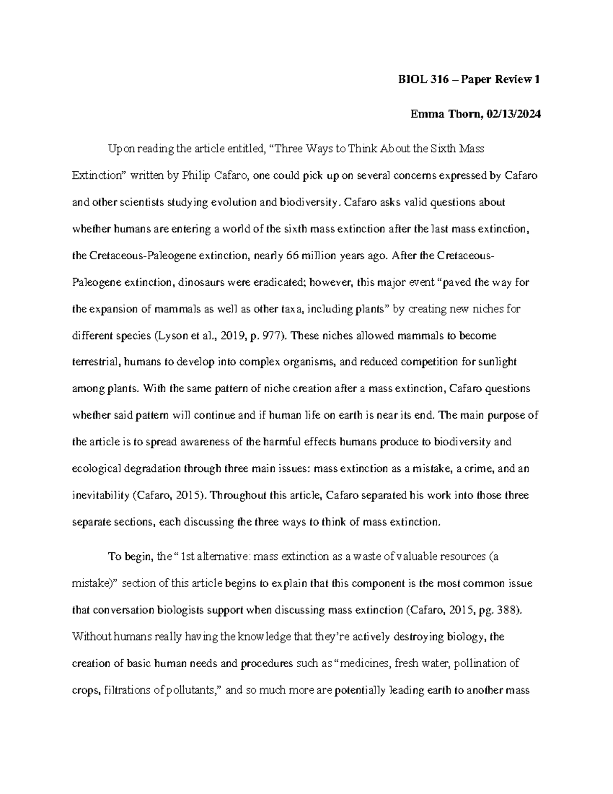 Evolution Paper Review 1 - BIOL 316 – Paper Review 1 Emma Thorn, 02/13 ...