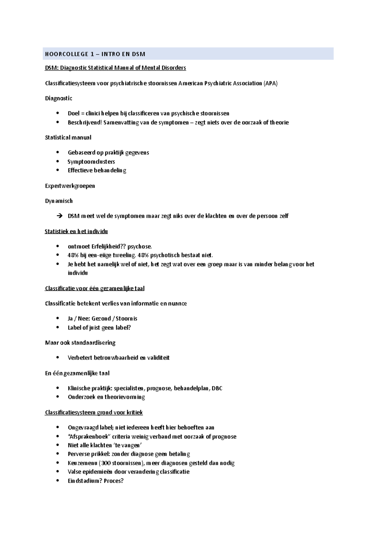 Hoorcolleges Klinische Lessen - HOORCOLLEGE 1 – INTRO EN DSM DSM ...