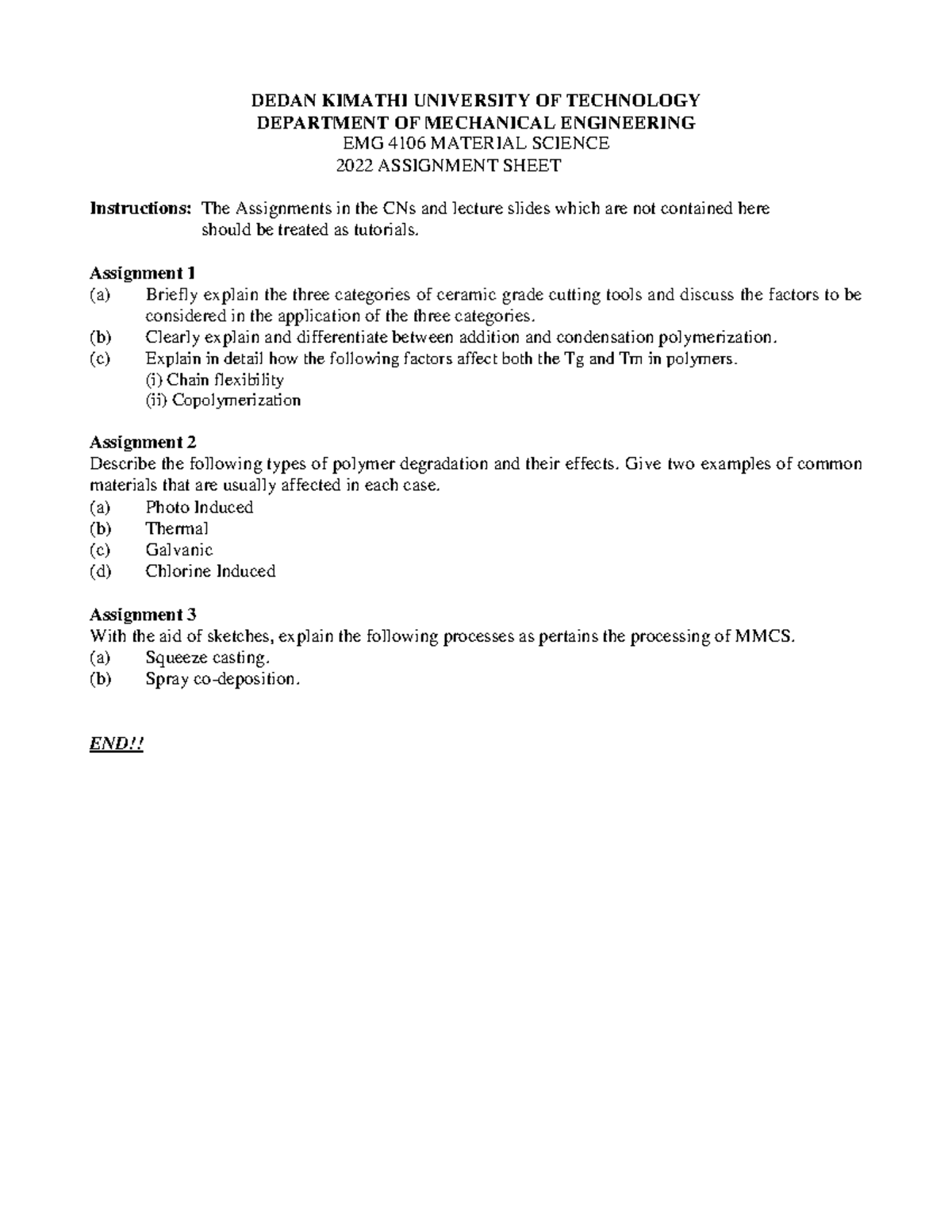 Assignment Sheet - DEDAN KIMATHI UNIVERSITY OF TECHNOLOGY DEPARTMENT OF MECHANICAL ENGINEERING ...