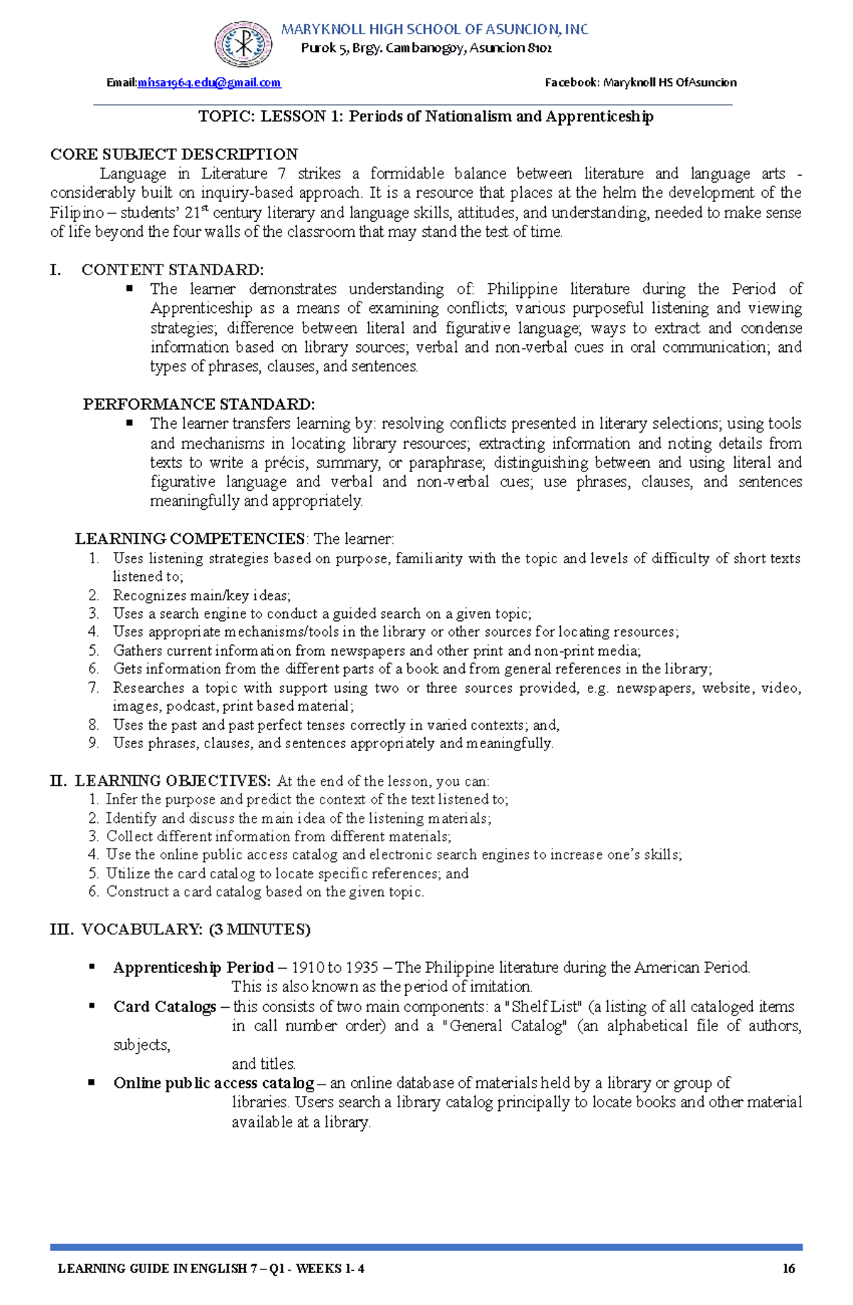 LG ENG 7 W1- 4 (Q2) - English 7 - MARYKNOLL HIGH SCHOOL OF ASUNCION ...