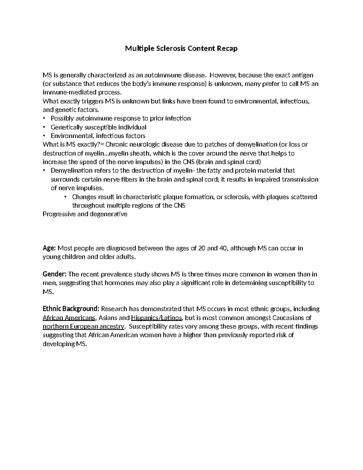 Multiple Sclerosis Content Recap TJC Level 3 - Multiple Sclerosis ...