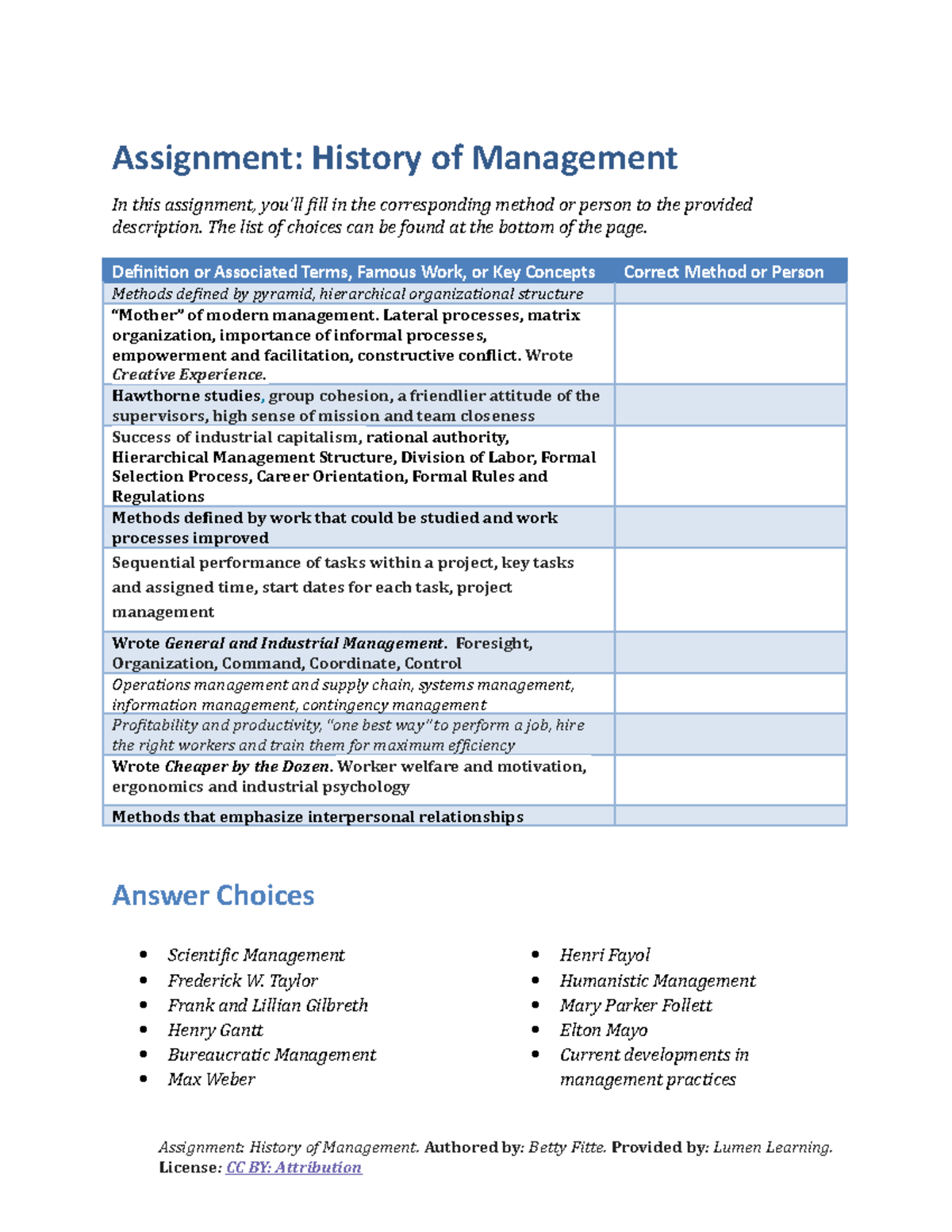 Assignment History of Management - The list of choices can be found at ...